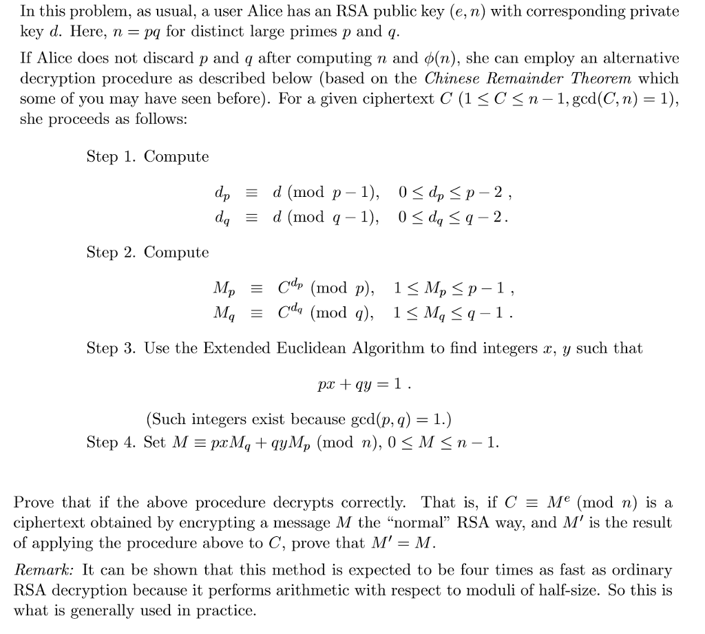 Solved In this problem, as usual, a user Alice has an RSA | Chegg.com