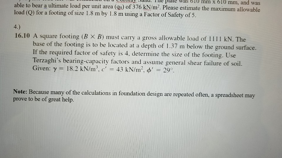 Solved able to bear a ultimate load per unit area (qu) of | Chegg.com