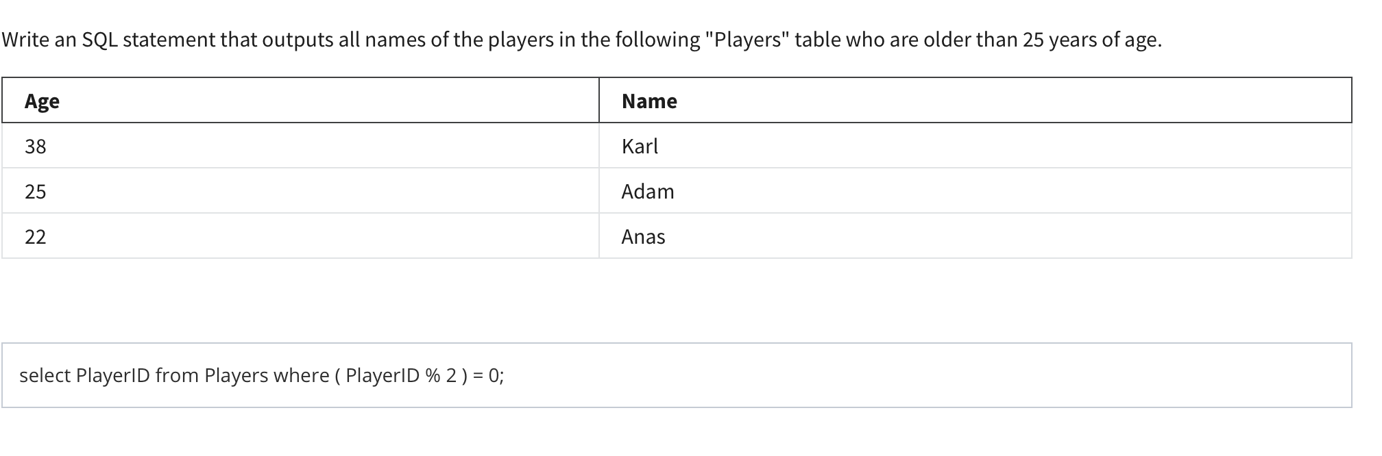 Solved select PlayerID from Players where ( PlayerID \% 2 ) | Chegg.com