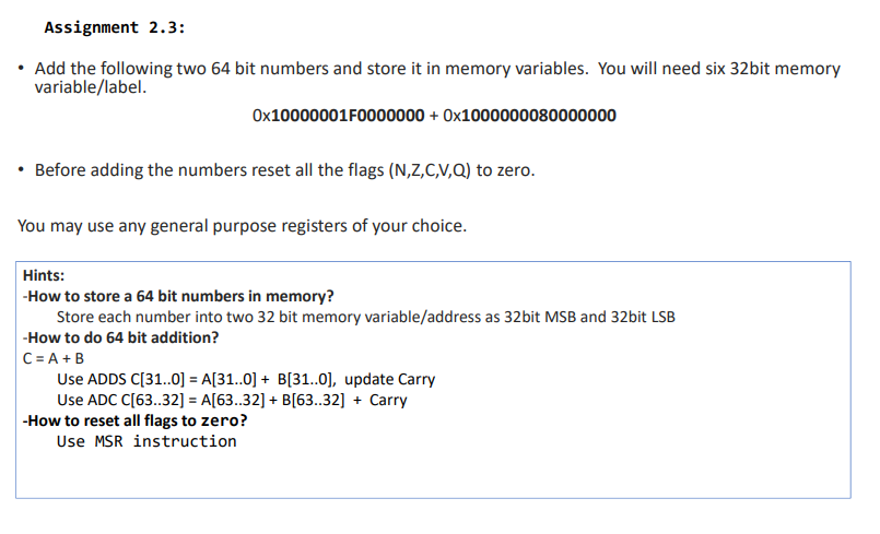 Assignment 2.3: • Add the following two 64 bit | Chegg.com
