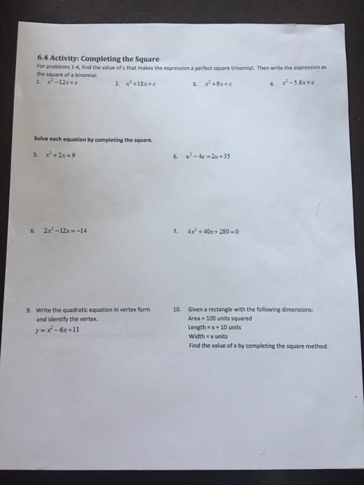 Solved 6.4 Activity: Completing the Square For problems 1-4, | Chegg.com