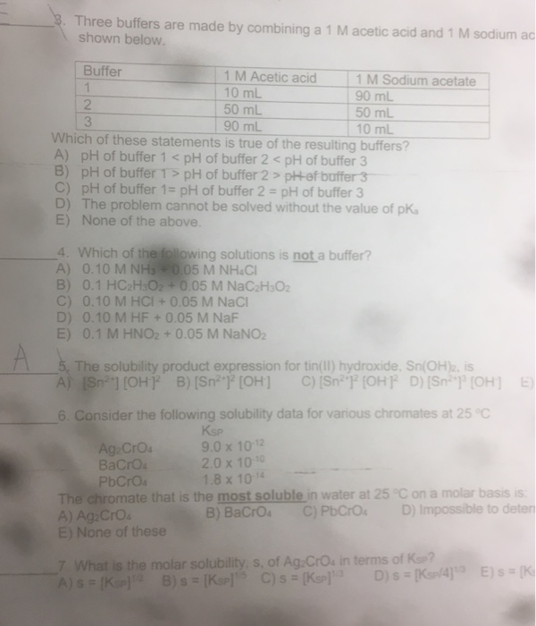 Solved Three buffers are made by combining a 1 M acetic acid | Chegg.com