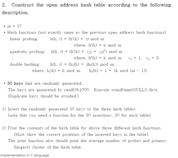 Solved 2. Construct the open address hash table according to | Chegg.com