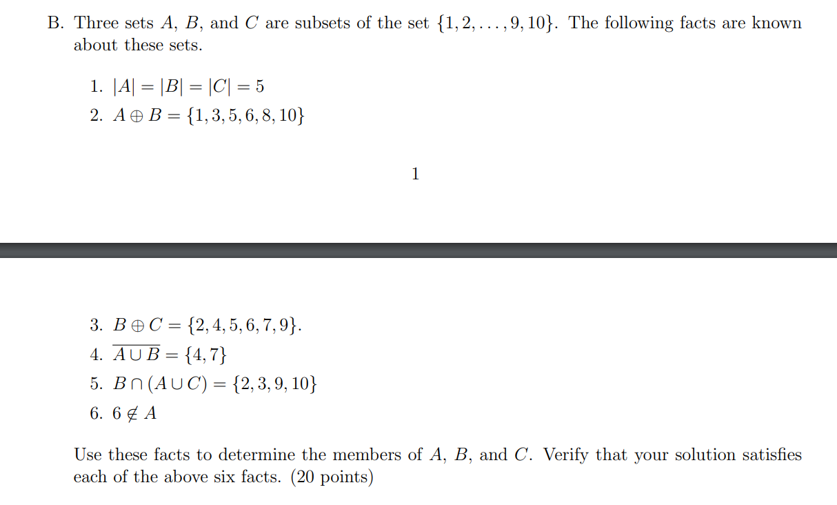 Solved B. Three sets A, B, and C are subsets of the set | Chegg.com
