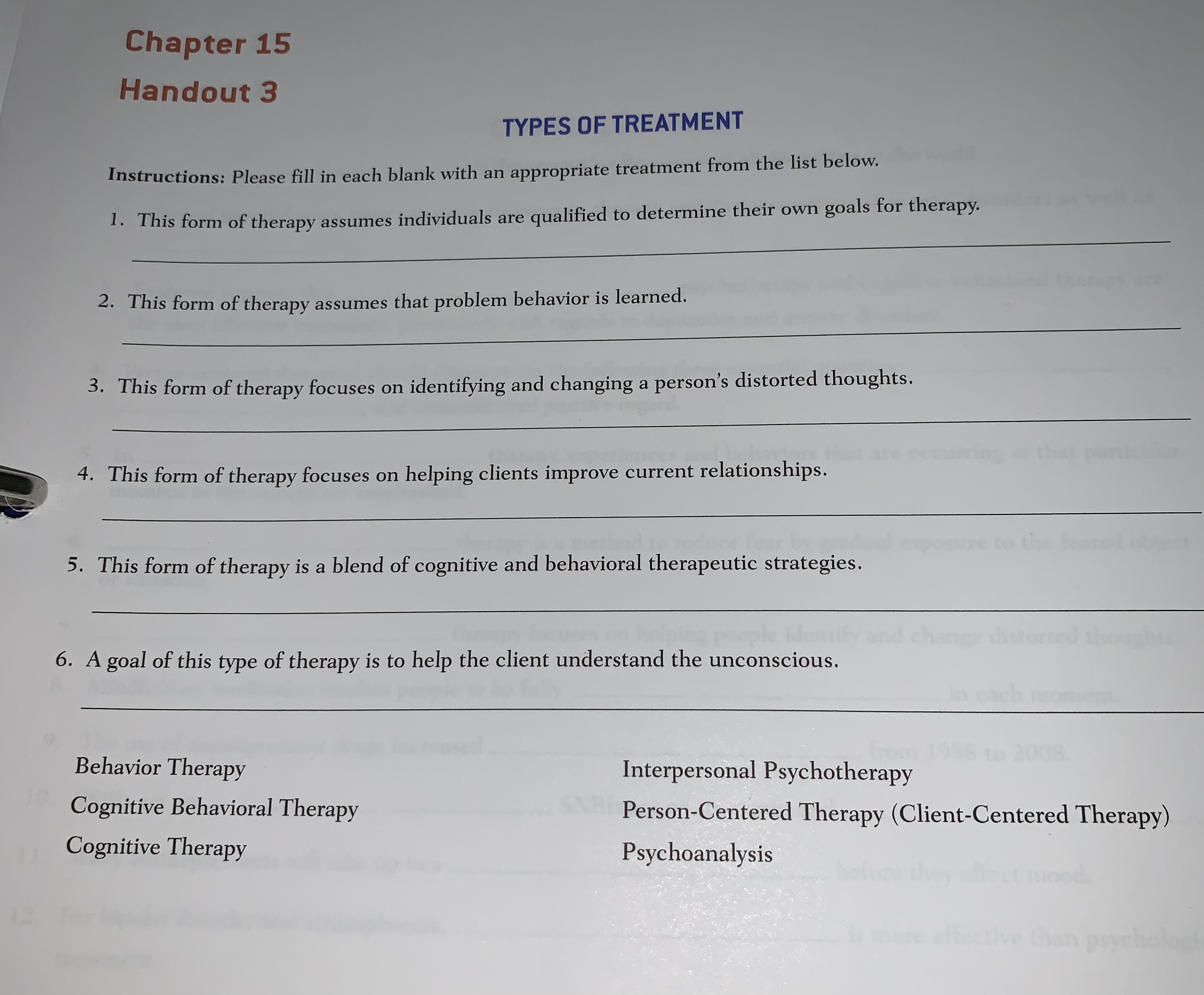 Chapter 15 Handout 3 TYPES OF TREATMENT Instructions: | Chegg.com