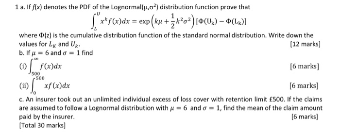 Solved 1 a. If f(x) denotes the PDF of the Lognormal(μ,02) | Chegg.com