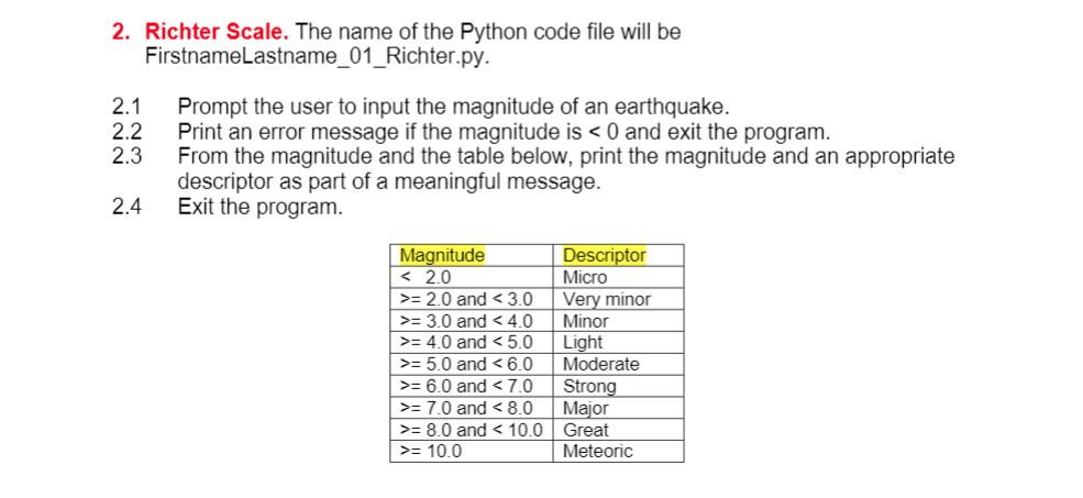 Solved 2. Richter Scale. The name of the Python code file | Chegg.com