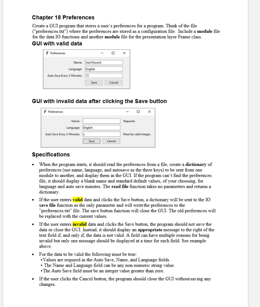 Solved Chapter 18 ﻿PreferencesCreate a GUI program that | Chegg.com