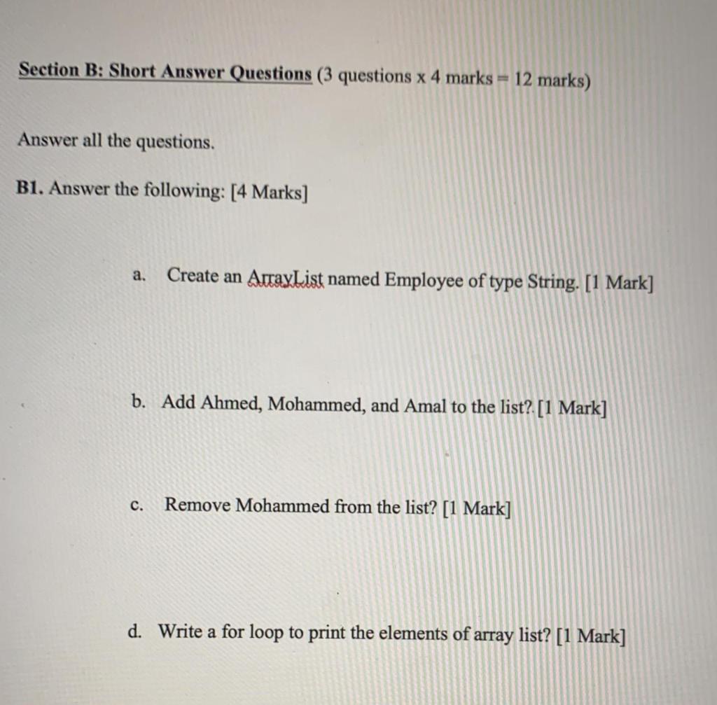 Solved Section B: Short Answer Questions (3 questions x 4 | Chegg.com