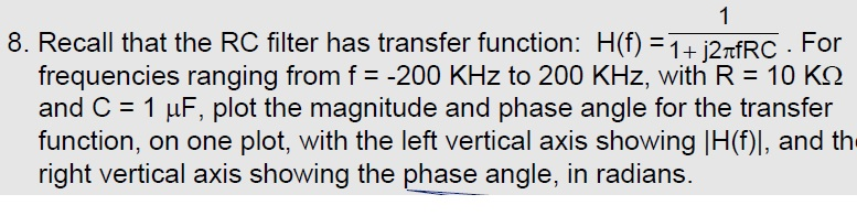 Solved 8. Recall that the RC filter has transfer function: | Chegg.com