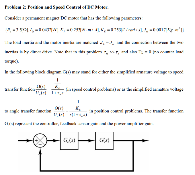 Solved Problem 2: Position and Speed Control of DC Motor. | Chegg.com