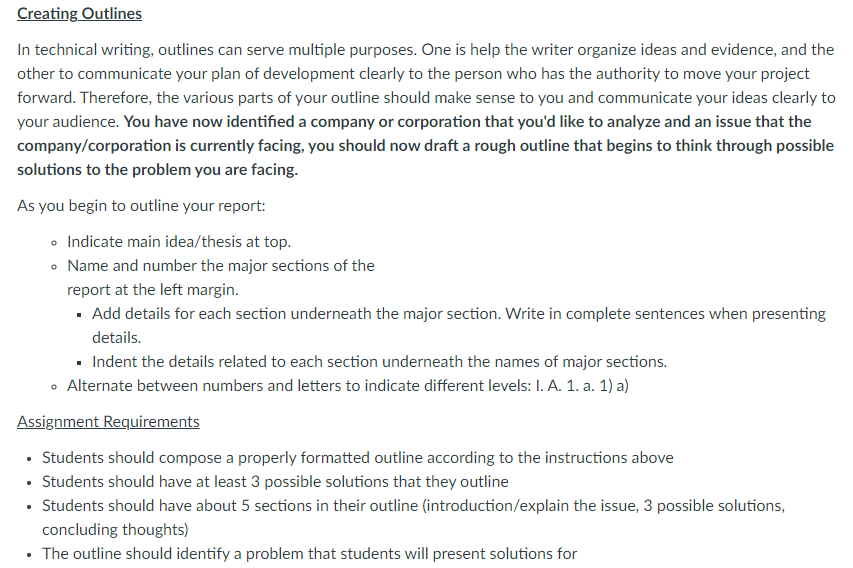 Creating Outlines o In technical writing, outlines | Chegg.com