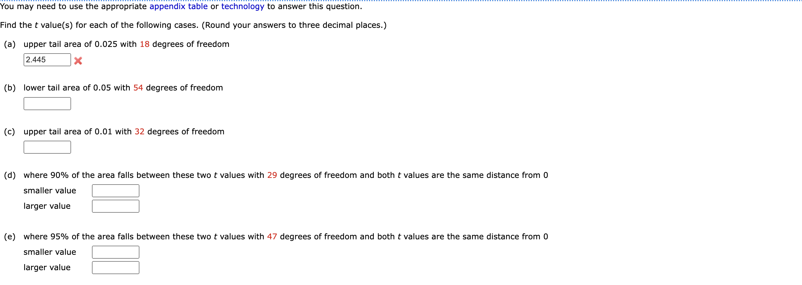 Solved Find the t value(s) for each of the following cases. | Chegg.com