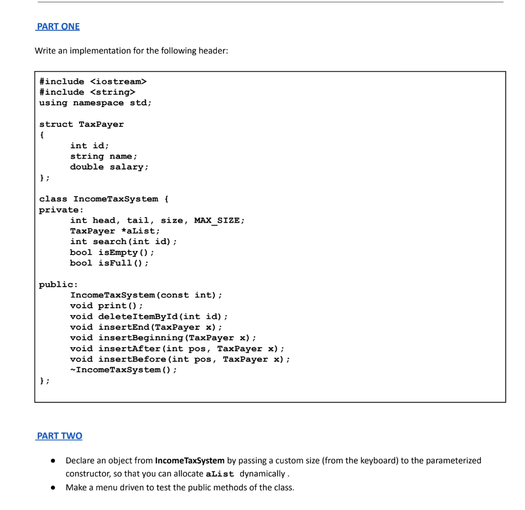 Solved Part One Write An Implementation For The Following 