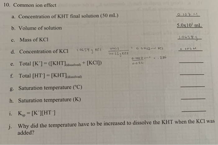 10. Common ion effect a. Concentration of KHT final | Chegg.com