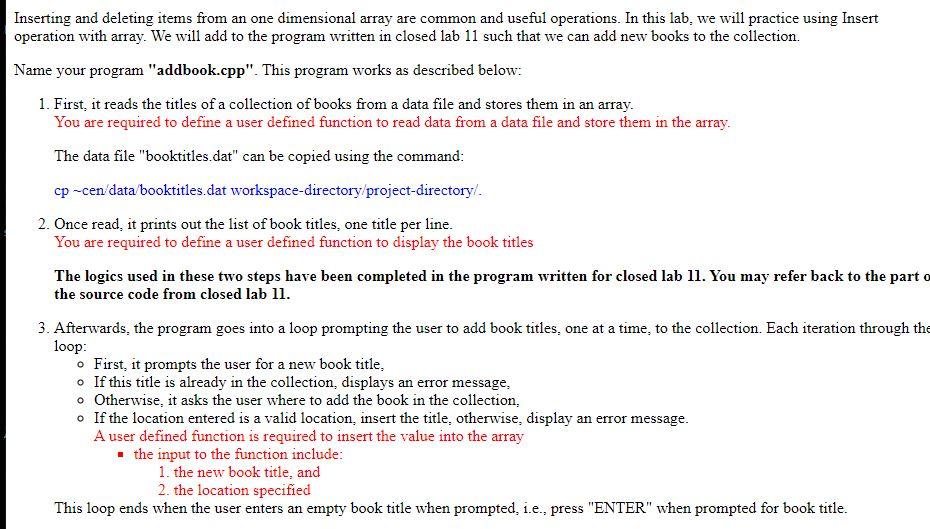 Solved Inserting and deleting items from an one dimensional | Chegg.com