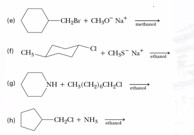Solved (e) -CHBr + CH20-Na+ methanol (f) CH C1 + CH2S- Na + | Chegg.com