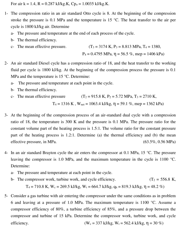 Solved For air k=1.4,R=0.287 kJ/kg.K,Cp0=1.0035 kJ/kg.K. 1- | Chegg.com