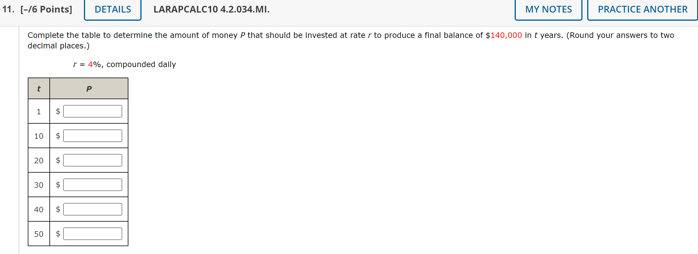 Solved Complete the table to determine the amount of money P | Chegg.com