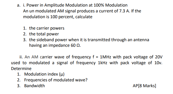 Solved a. i. Power in Amplitude Modulation at 100% | Chegg.com
