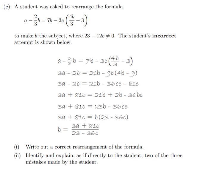 Solved (c) A student was asked to rearrange the formula 4b | Chegg.com