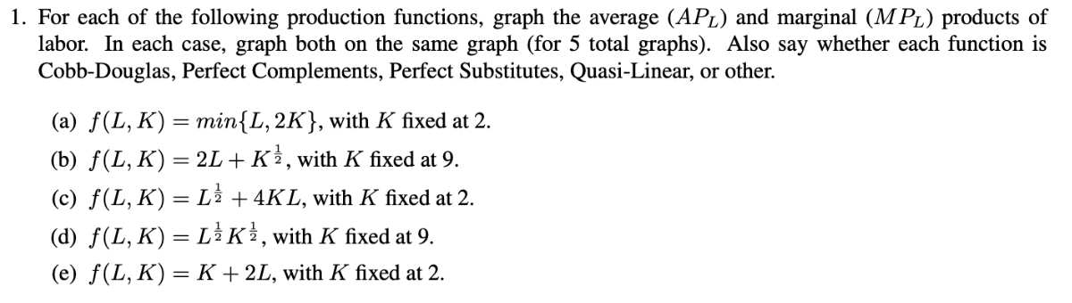 Solved 1. For each of the following production functions, | Chegg.com