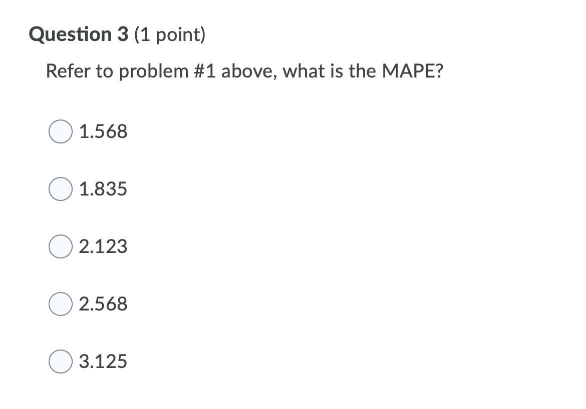 Solved Question 1 (1 point) Compute MSE, MAD, and MAPE | Chegg.com