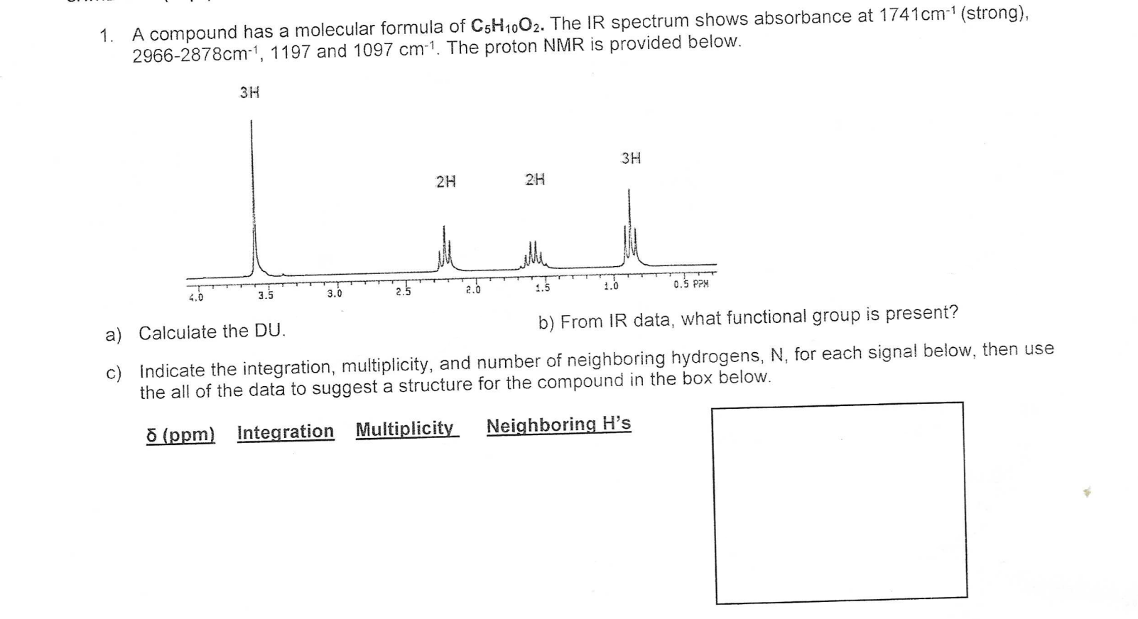 Solved 1. A compound has a molecular formula of C5H10O2. The | Chegg.com