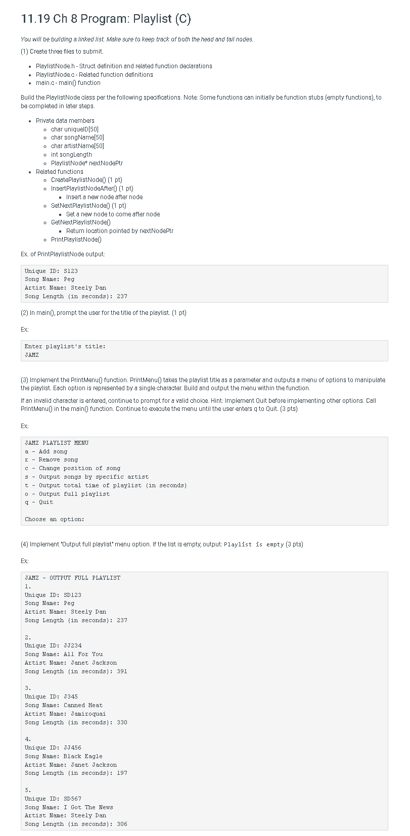 Solved 11.19 Ch 8 Program: Playlist (C) You will be building | Chegg.com