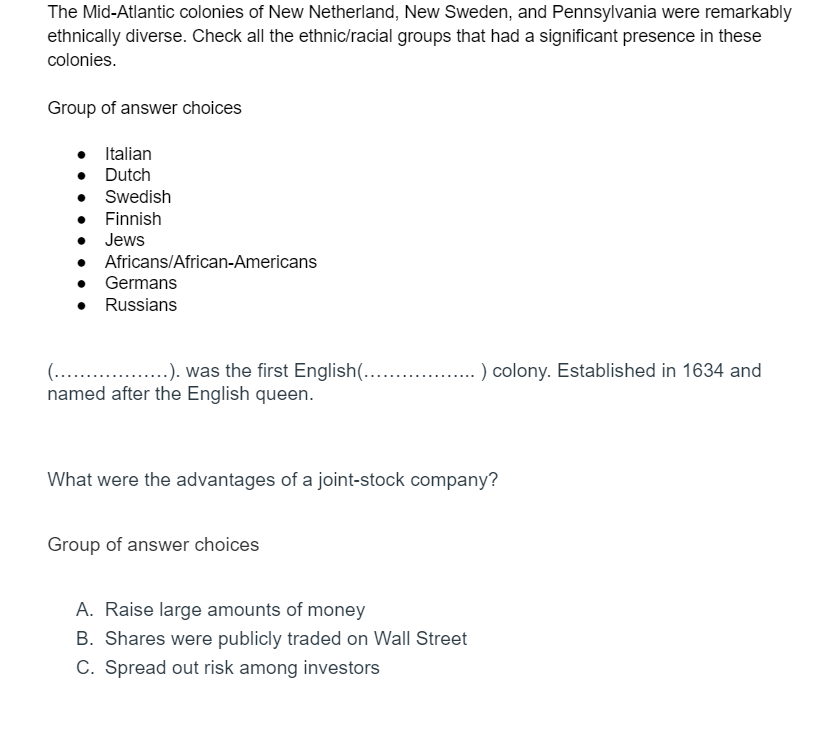 Solved The Mid-Atlantic colonies of New Netherland, New | Chegg.com