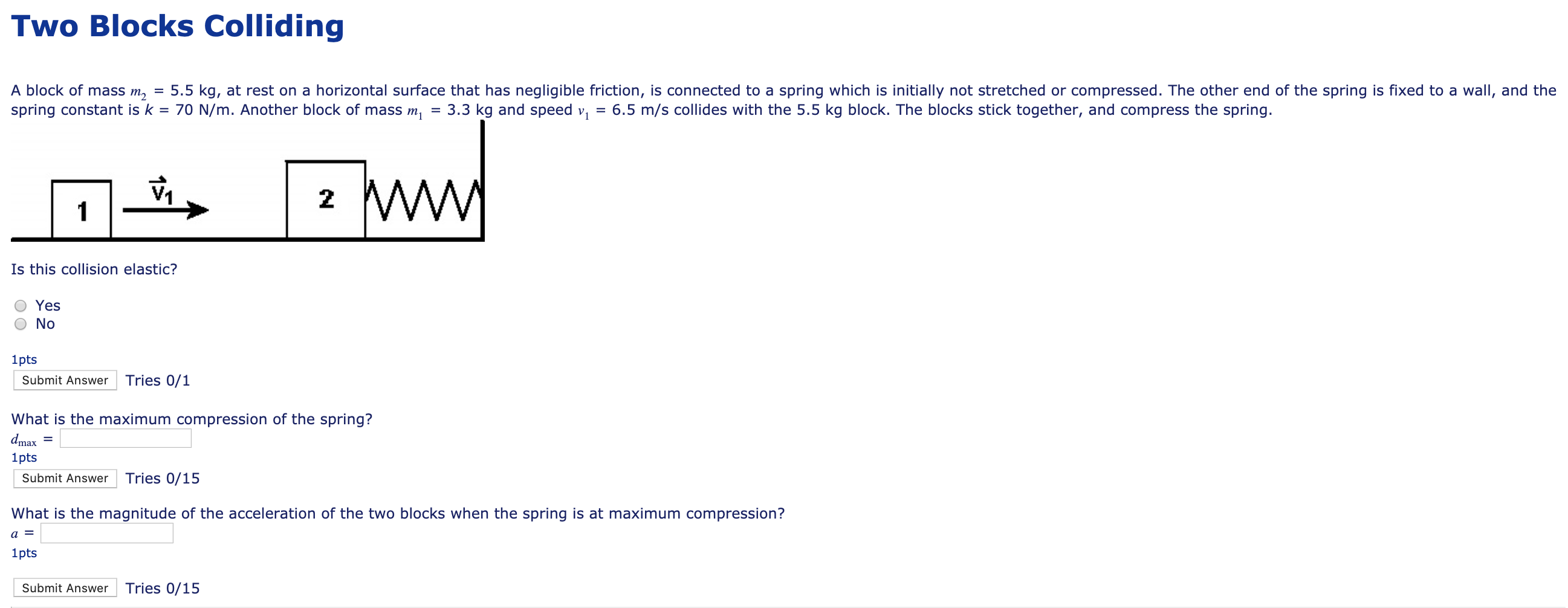 Solved Two Blocks Colliding A block of mass m, = 5.5 kg, at | Chegg.com