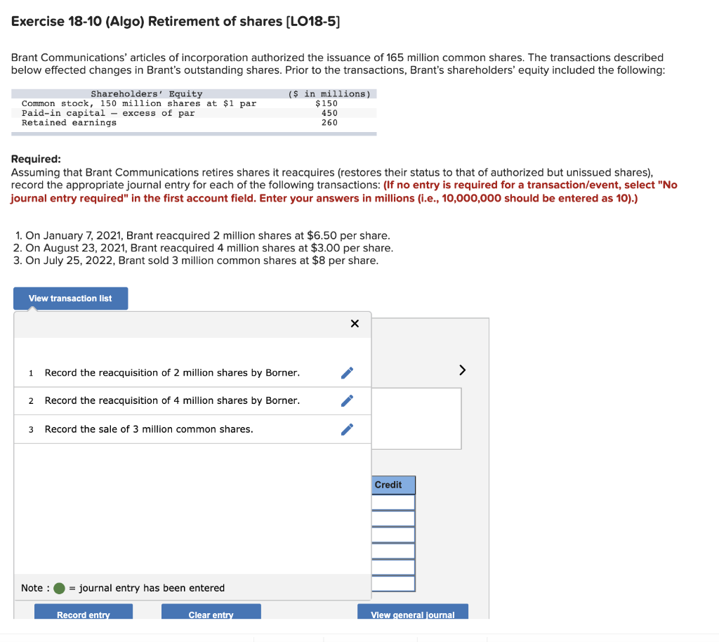Solved Exercise 18-10 (Algo) Retirement of shares (LO18-5) | Chegg.com