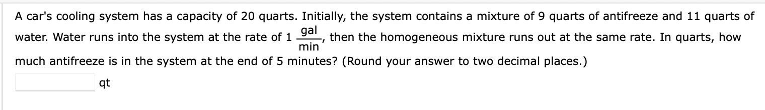 Solved A car's cooling system has a capacity of 20 quarts. | Chegg.com