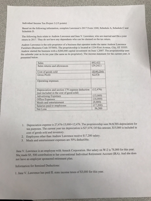 Individual Income Tax Project 2 (15 points) Based on | Chegg.com