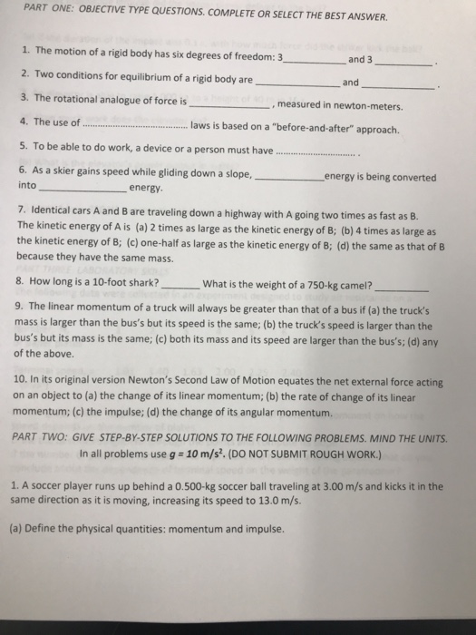 Solved PART ONE: OBJECTIVE TYPE QUESTIONS. COMPLETE OR | Chegg.com