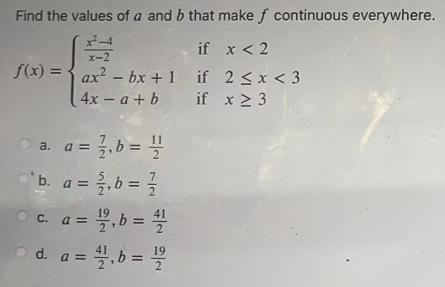 Solved Find the values of a and b that make f continuous | Chegg.com