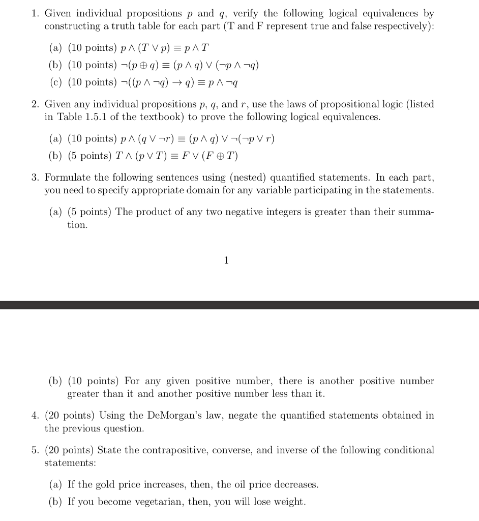 Solved 1. Given individual propositions p and q, verify the | Chegg.com