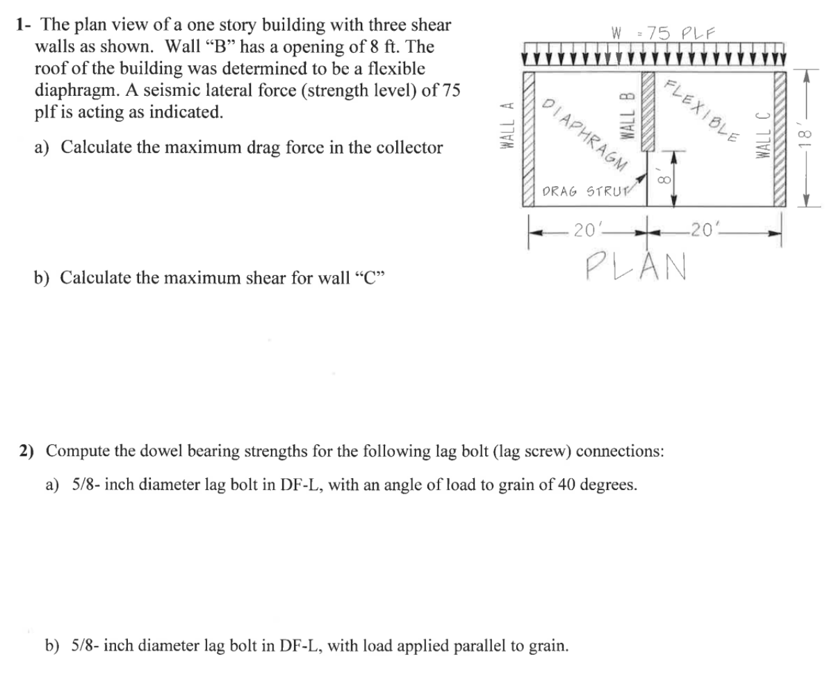 Solved W = 75 PLF 1- The plan view of a one story building | Chegg.com