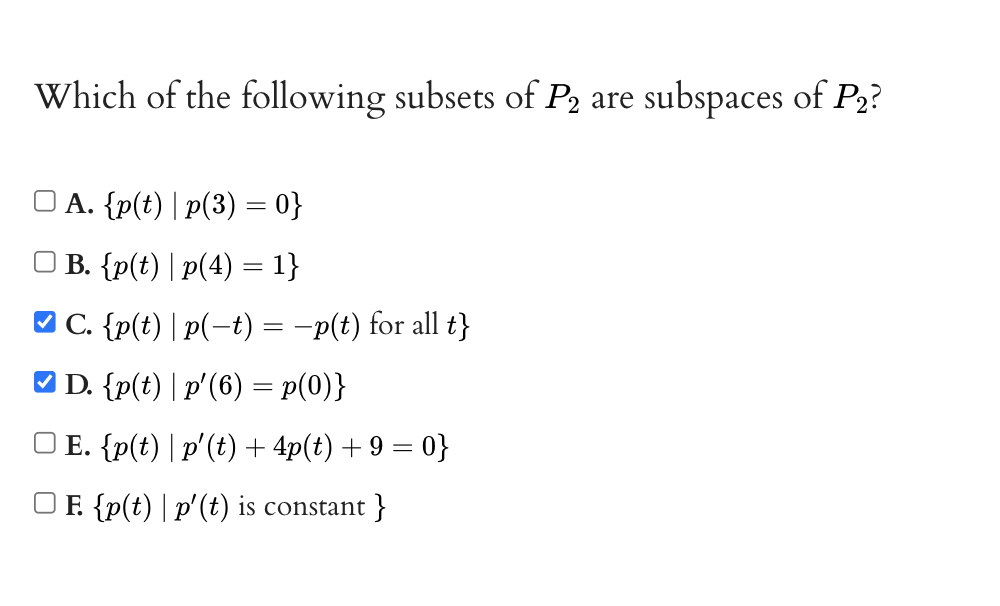 Solved Which of the following subsets of P2 are subspaces of | Chegg.com