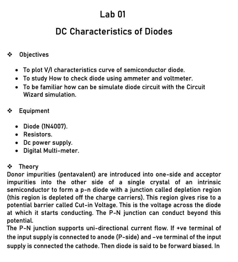 Lab 01 DC Characteristics of Diodes 0bjectives_܀ • To | Chegg.com