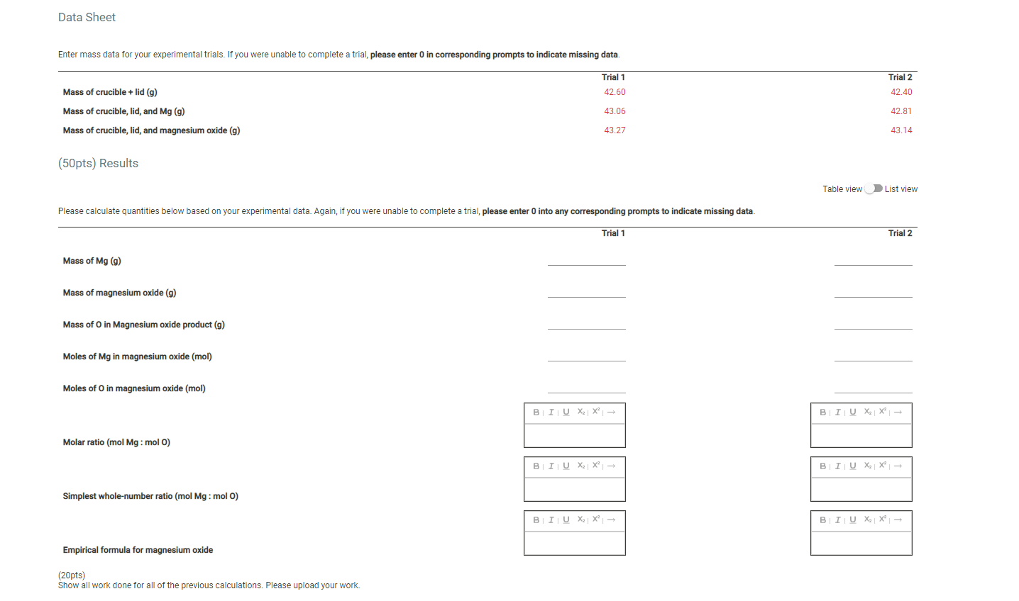 Solved Data Sheet Enter mass data for your experimental | Chegg.com