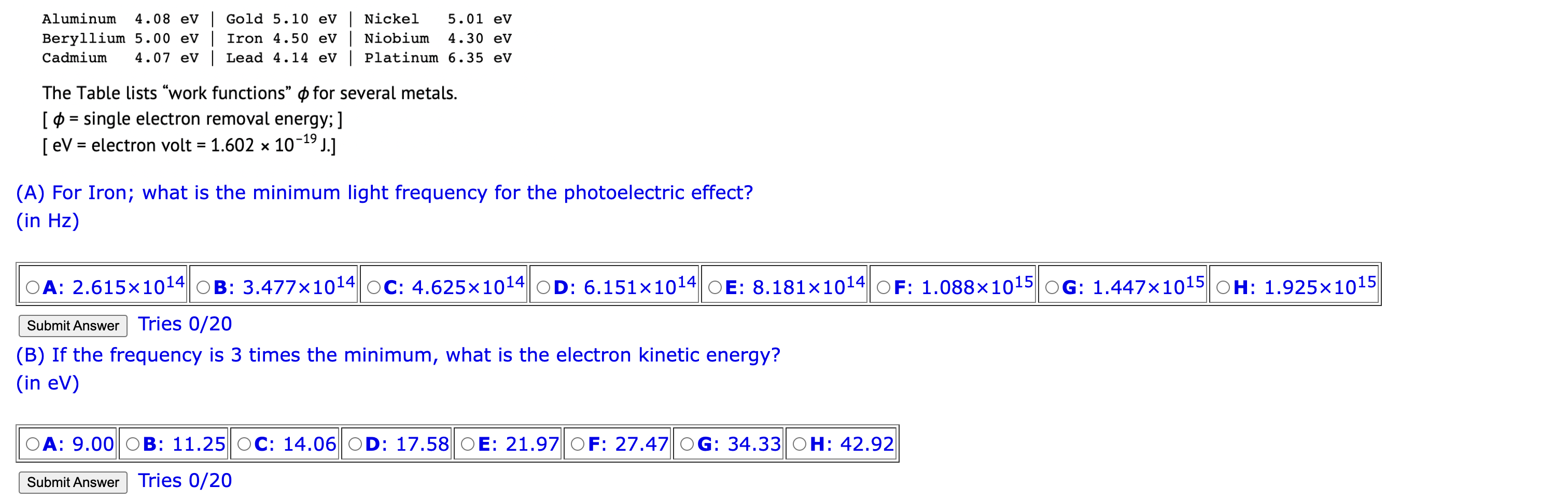 Solved The Table lists \"work functions\" \\( \\phi \\) for | Chegg.com
