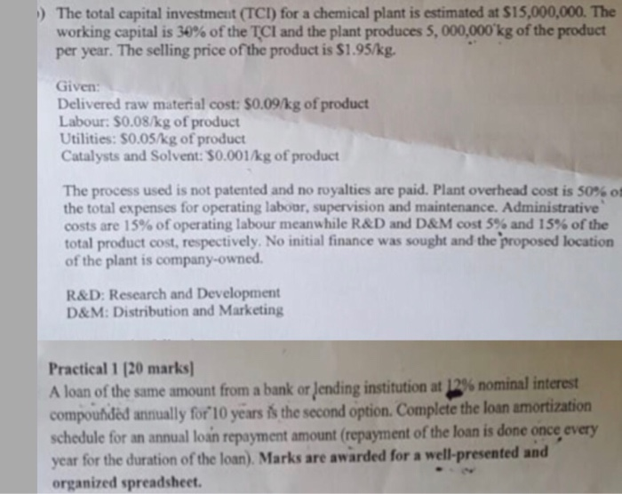 The total capital investment (TCD) for a chemical | Chegg.com