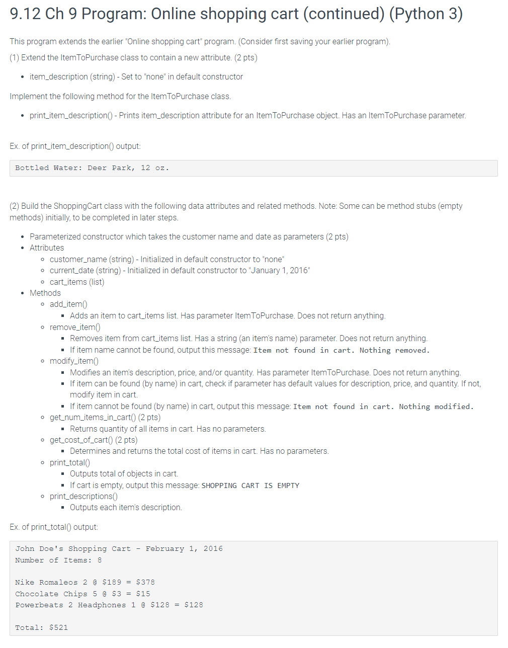 Solved 9.12 Ch 9 Program: Online shopping cart (continued) | Chegg.com