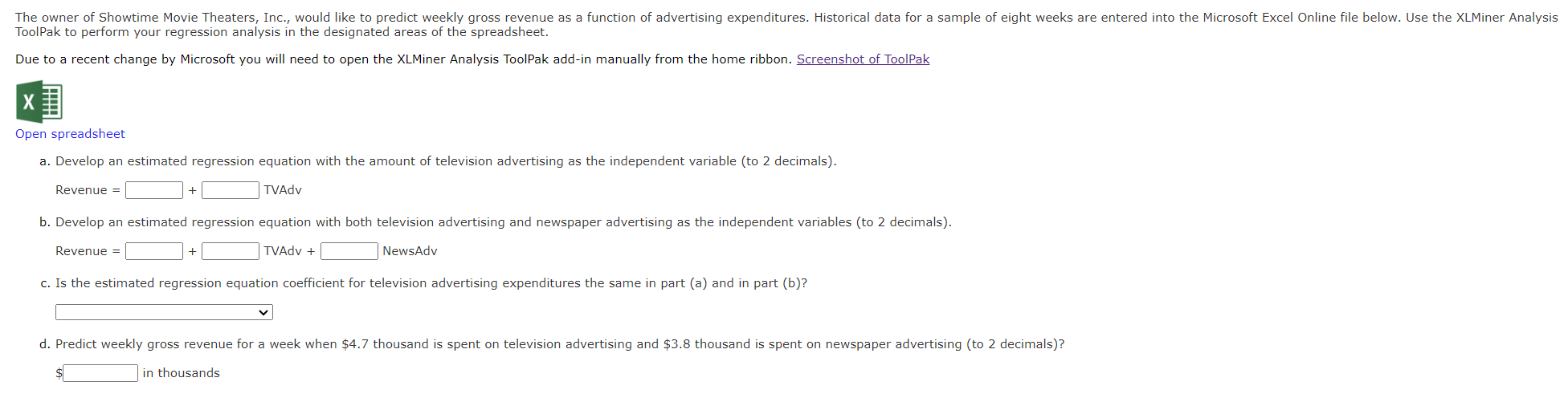 Solved ToolPak to perform your regression analysis in the | Chegg.com