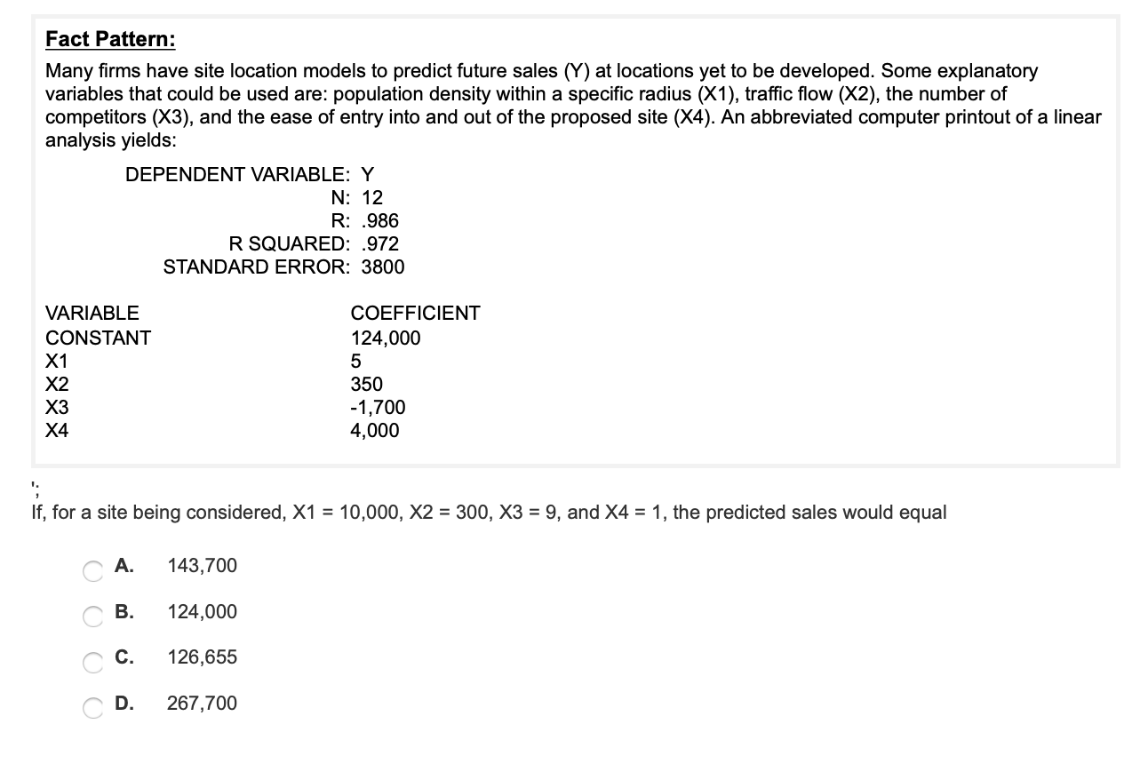 Solved Fact Pattern: Many firms have site location models to | Chegg.com