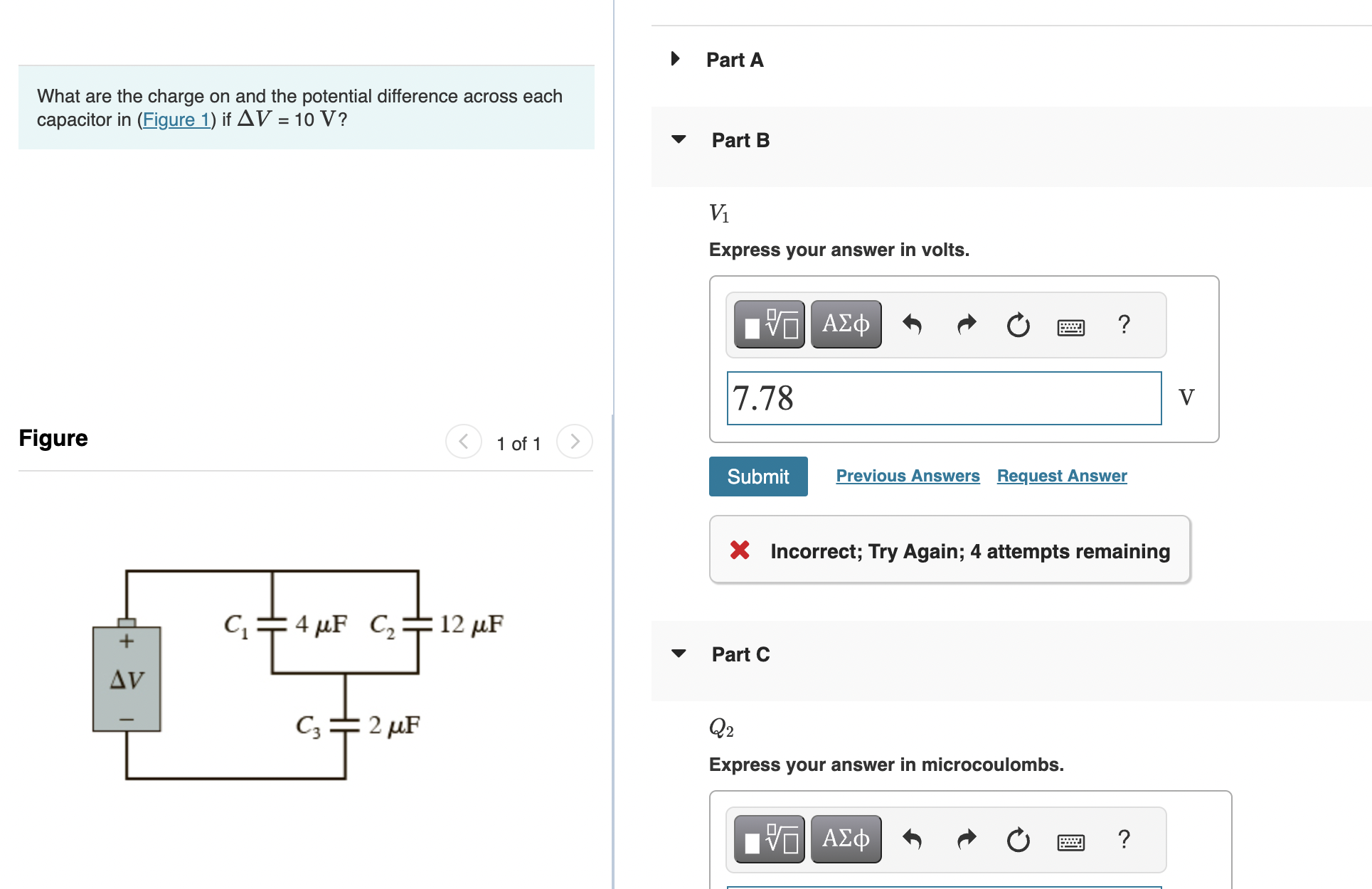 Solved What are the charge on and the potential difference | Chegg.com