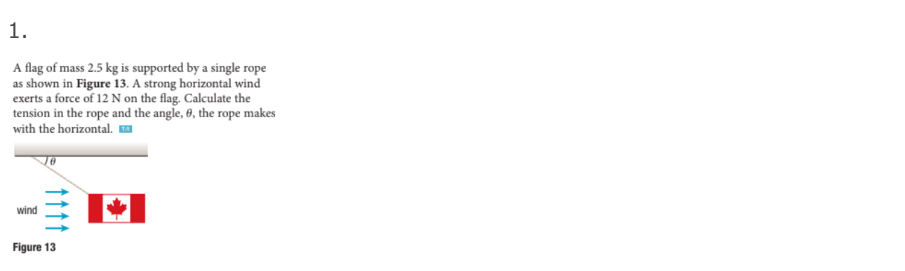 Solved 1. ﻿A flag of mass 2.5 ﻿kg is supported by a single | Chegg.com