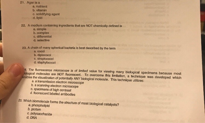 Solved 21. Agar is a a. nutrient b. vitamin c. solidifying | Chegg.com