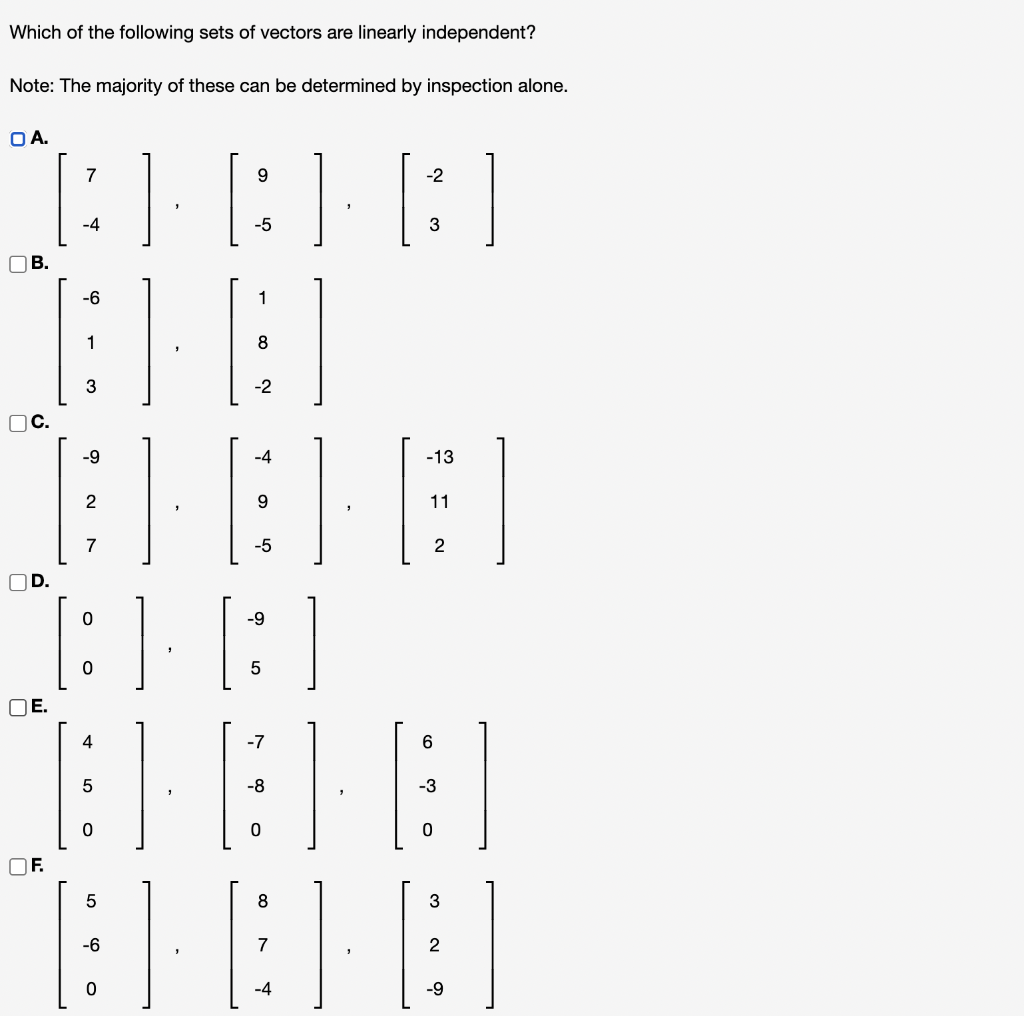 Solved Which of the following sets of vectors are linearly | Chegg.com